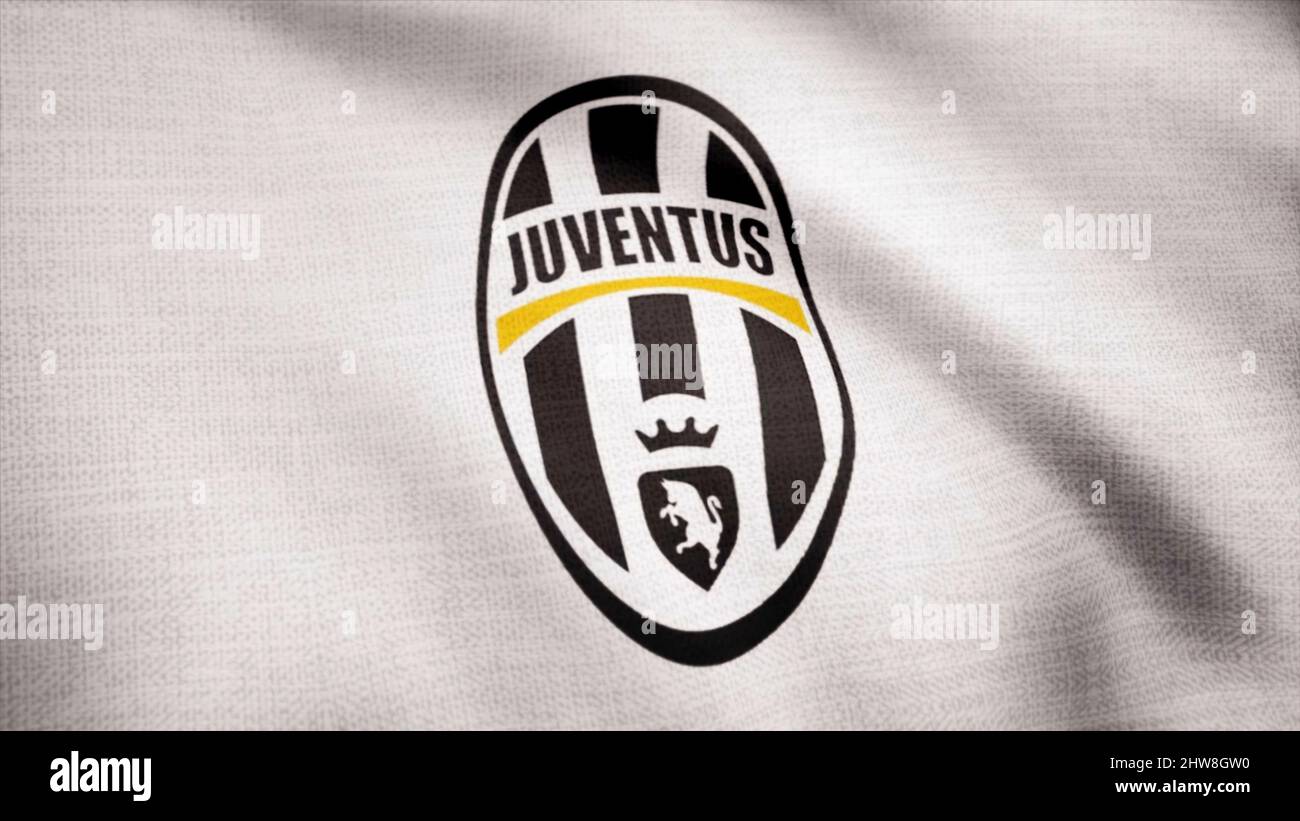 Close-up of waving flag with FC Juventus football club logo, seamless ...
