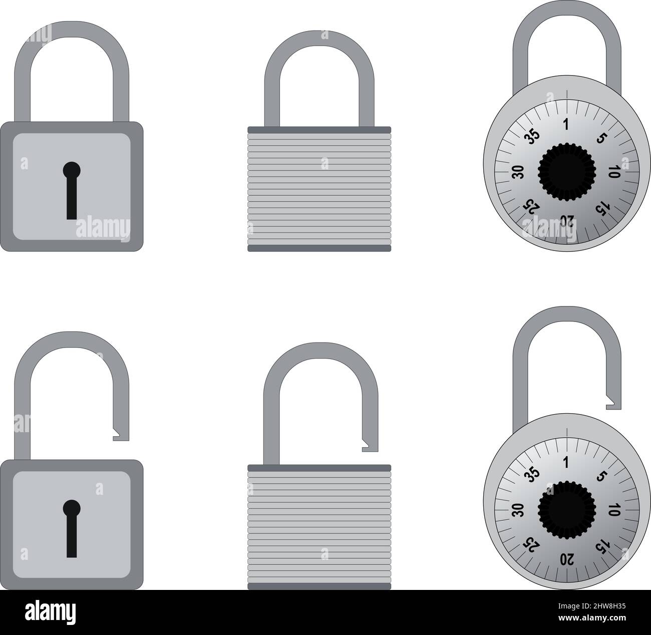 Set of unlocked and locked combination lock and padlocks Stock Vector ...