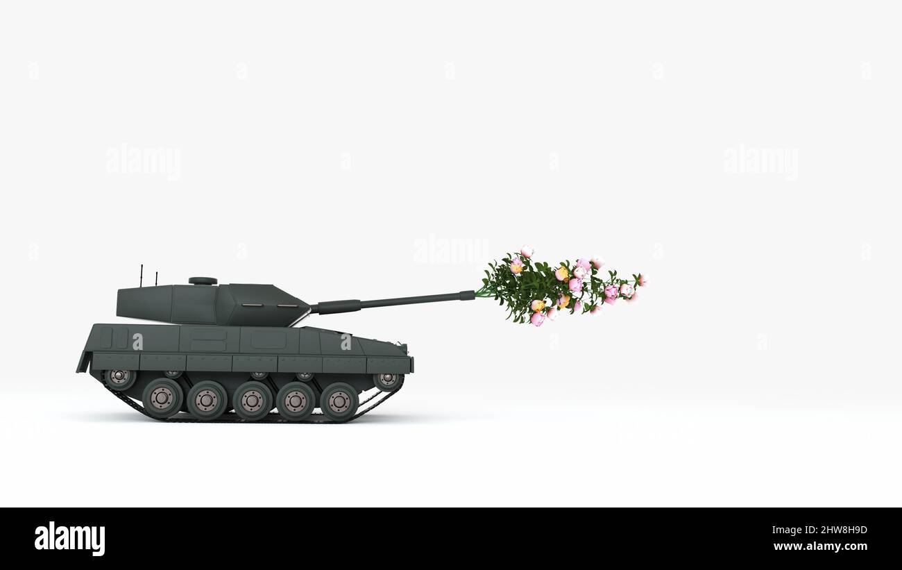 a peacetime tank with flowers in the gun barrel (3d rendering Stock ...
