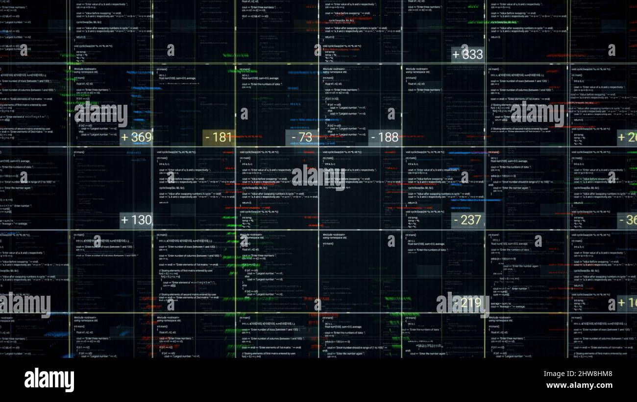 Blocks of abstract program code flowing and changing on black background. Data flowing on the ...