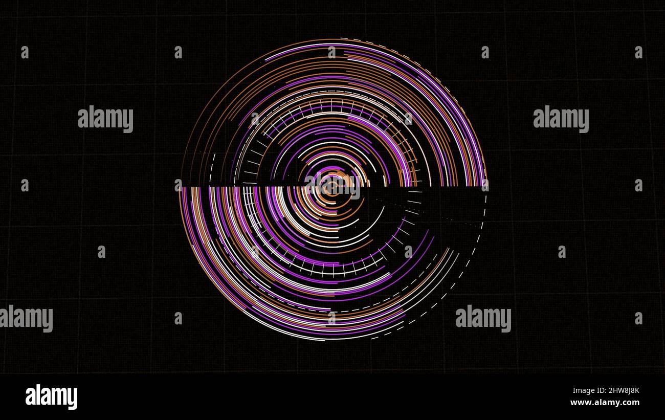 Digital circle with colored lines turns into 3D spiral. Animation. Disk ...
