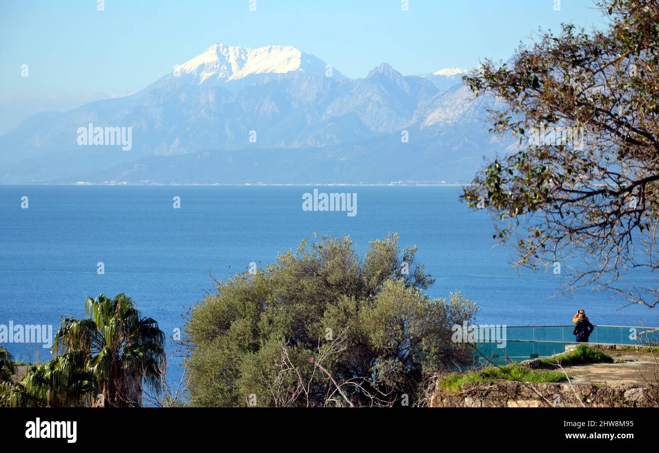View of mountains of the Beydağları mountain range with snow on the ...