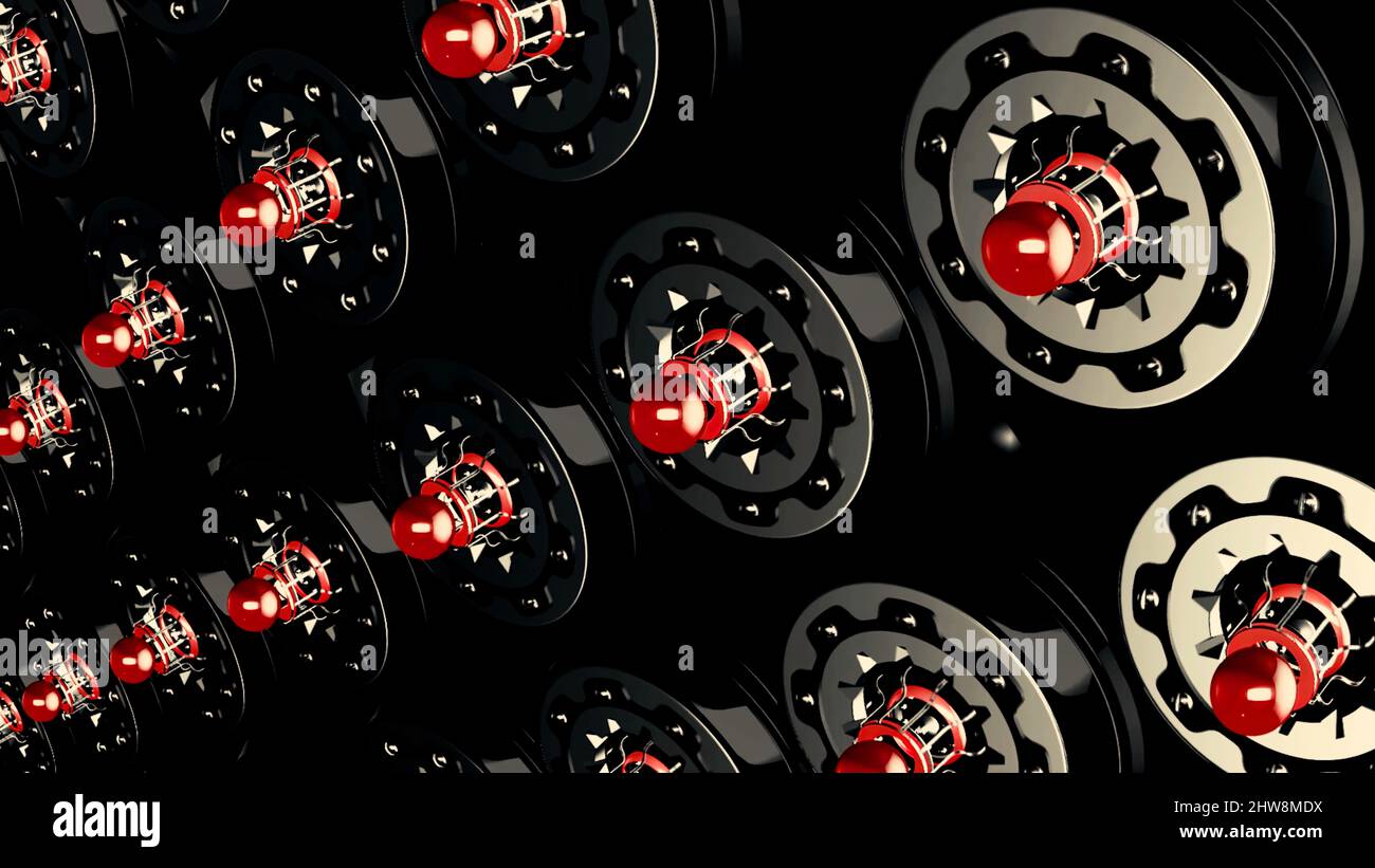 Futuristic technology with rows of spinning round shaped engines with ...