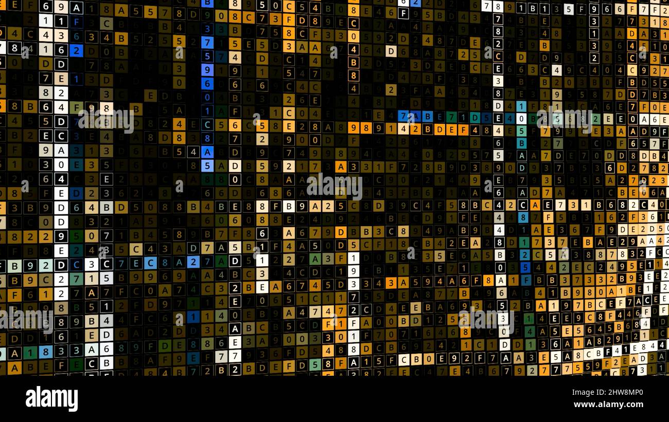 Background with lot of changing numbers. Animation. Multi-colored cells with numbers change and ...