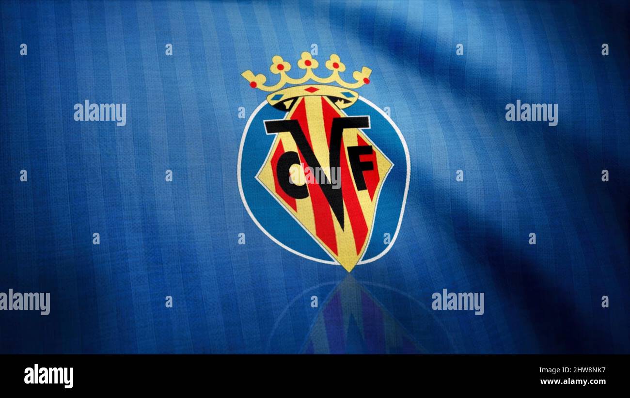 Close-up of waving flag with FC Villarreal football club logo, seamless ...