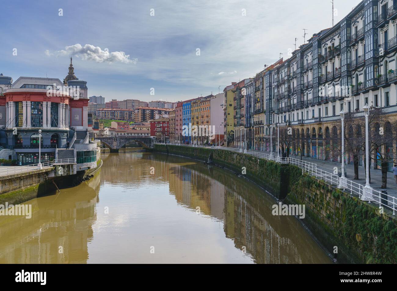Bilbao, Spain, February 15, 2022. Ribera market and Nervion river in ...