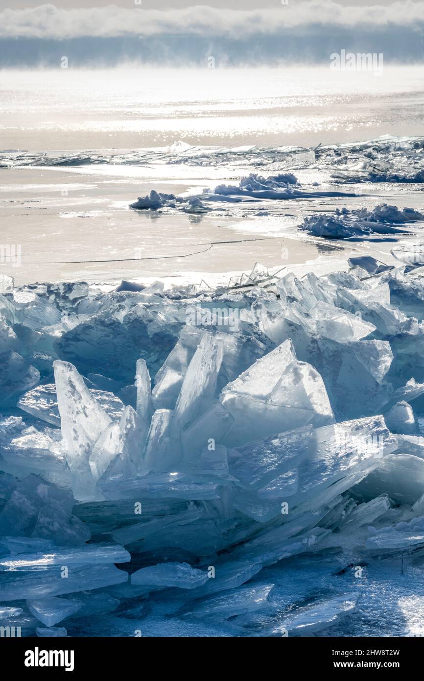 Naturally piled ice along shore Lake Superior, near Two Harbors ...