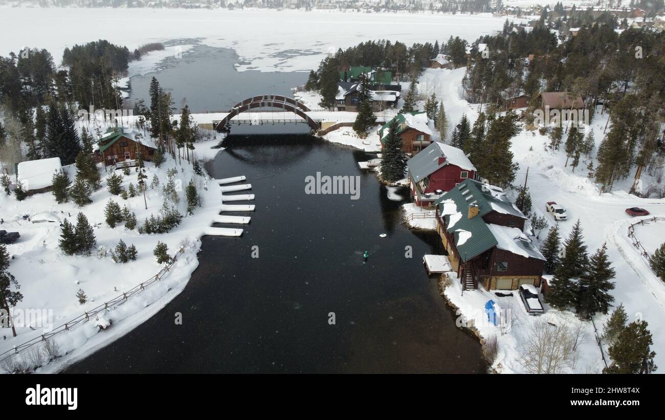 Aerial view of a bridge on a frozen river in the countryside Stock ...