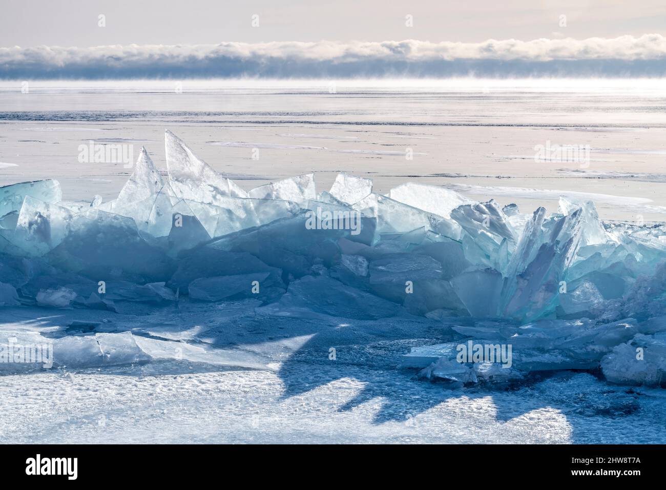 Naturally piled ice along shore Lake Superior, near Two Harbors ...