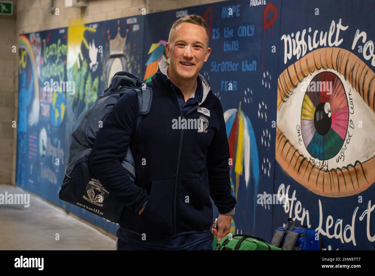 Jason Clark #14 of Warrington Wolves arrives at The Halliwell Jones ...