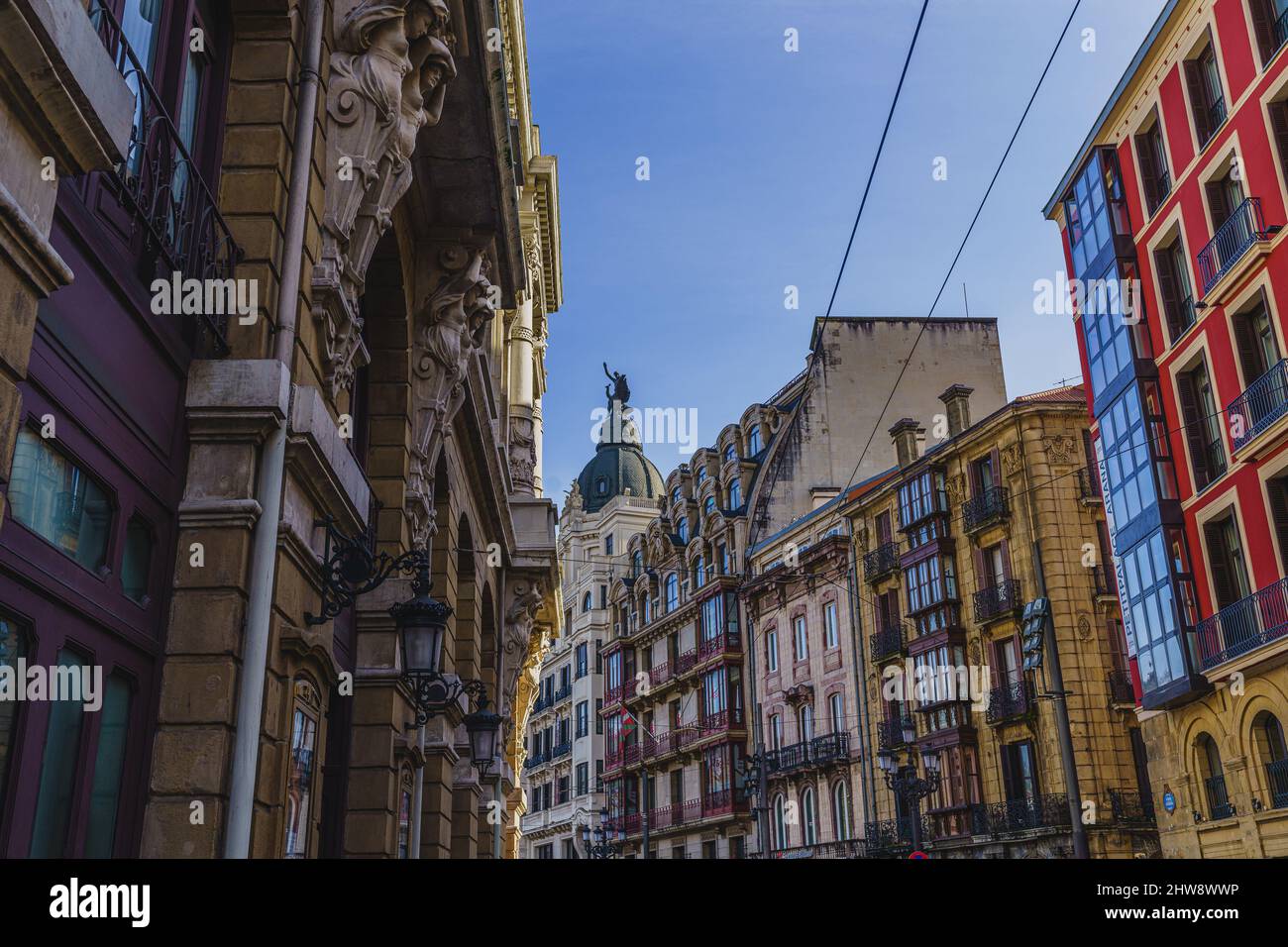 Bilbao, Spain, February 15, 2022. Buildings in the old town of the city ...