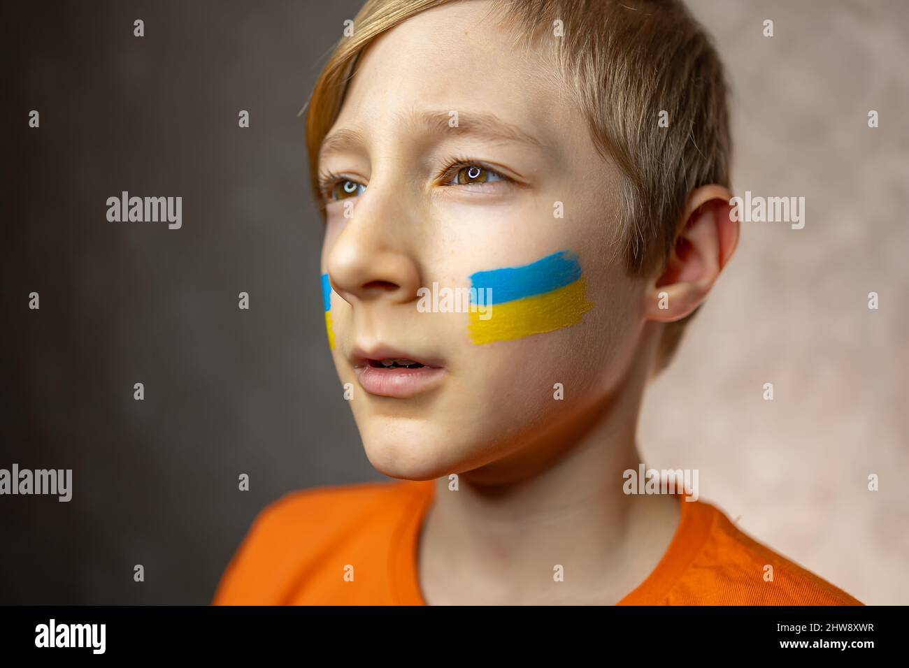 a child against war, a portrait of a boy with a painted flag of Ukraine ...