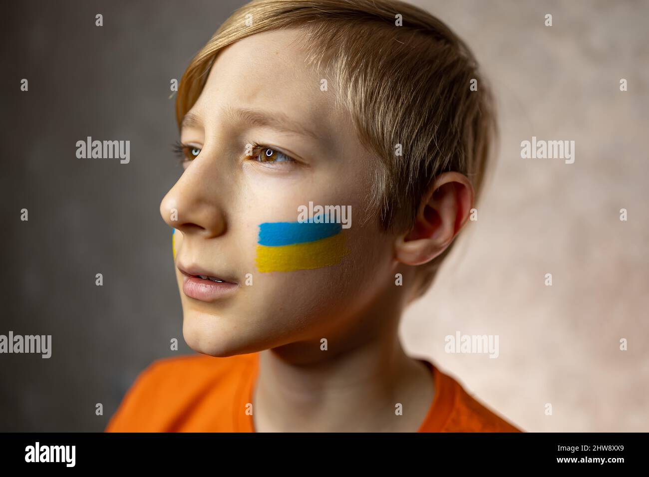 a child against war, a portrait of a boy with a painted flag of Ukraine ...