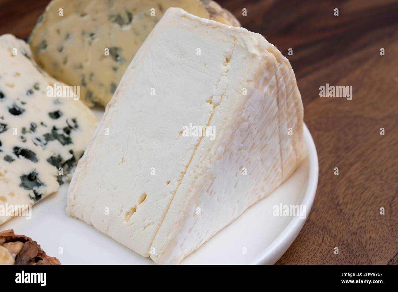 French cheeses, blue sheep cheese roquefort and Delice de Bourgogne cow ...
