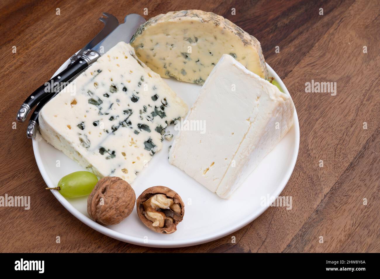 French cheeses, blue sheep cheese roquefort and Delice de Bourgogne cow ...
