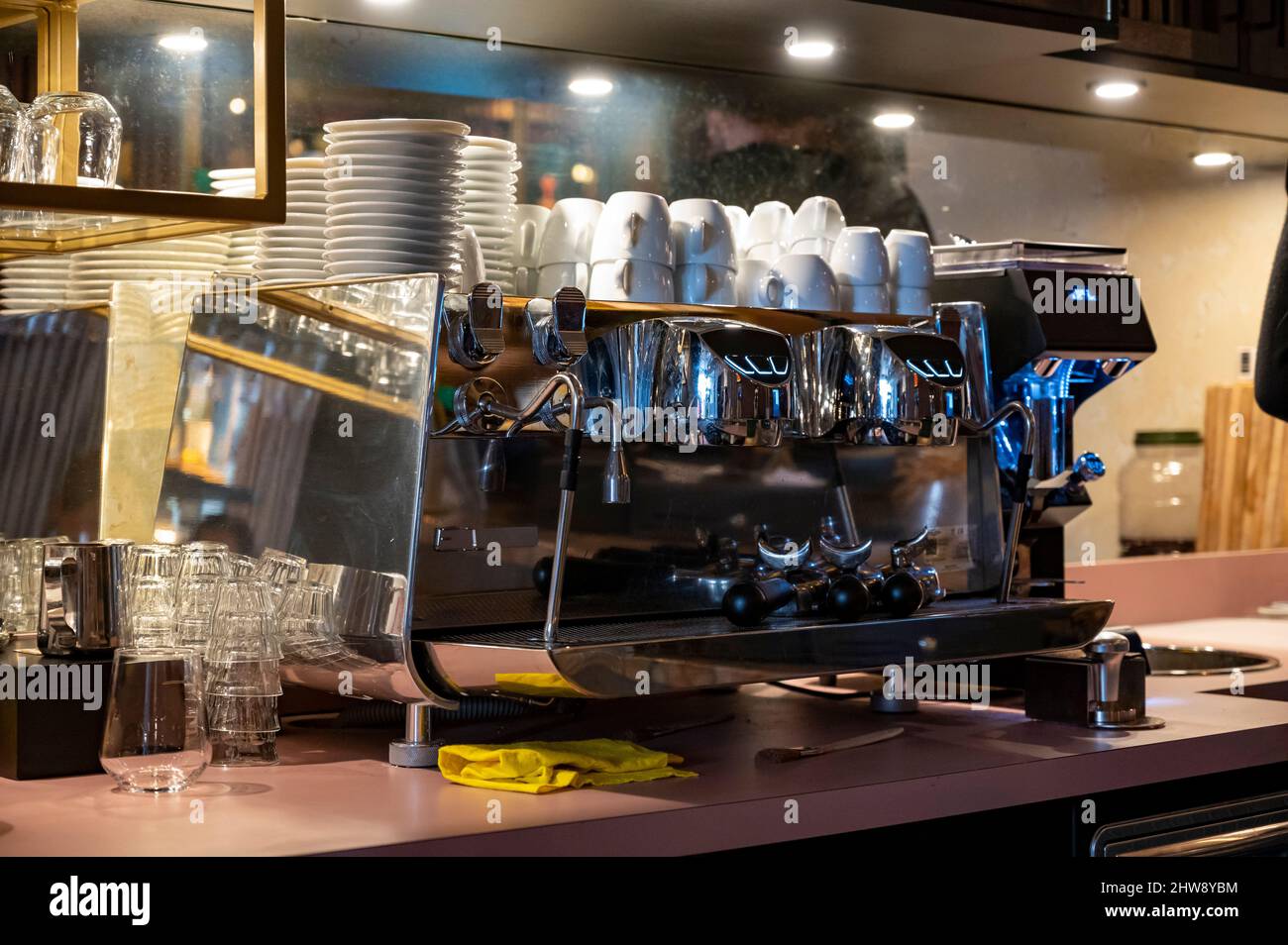 Professional Italian expresso coffee machine in small Italian bar in ...