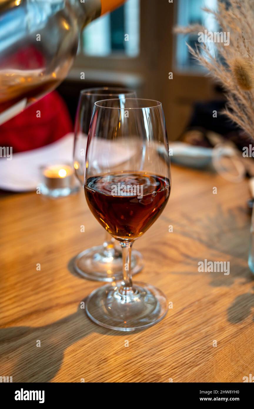 Sweet digestif sherry fortified wine served after dinner in restaurant ...