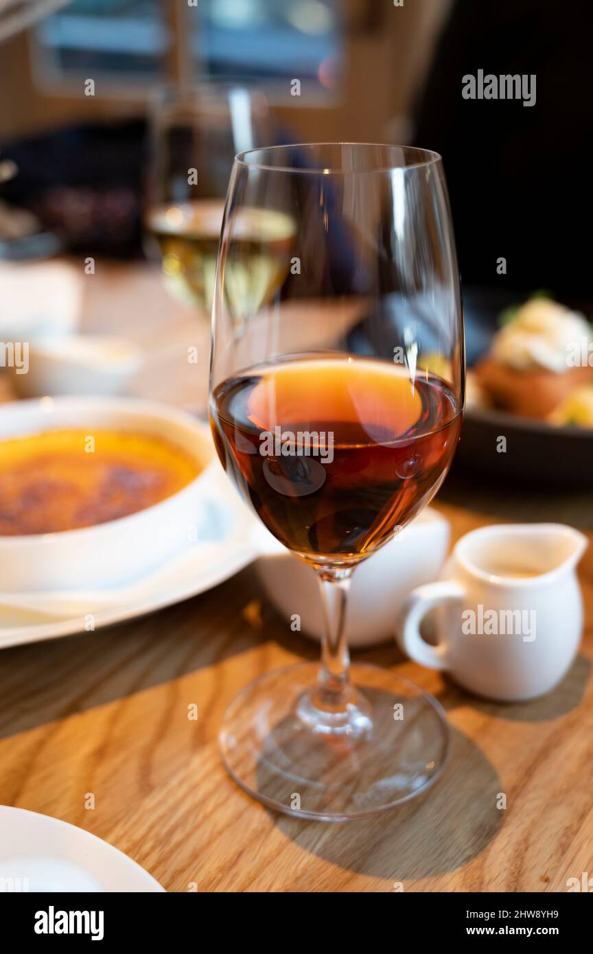 Sweet digestif sherry fortified wine served after dinner in restaurant ...