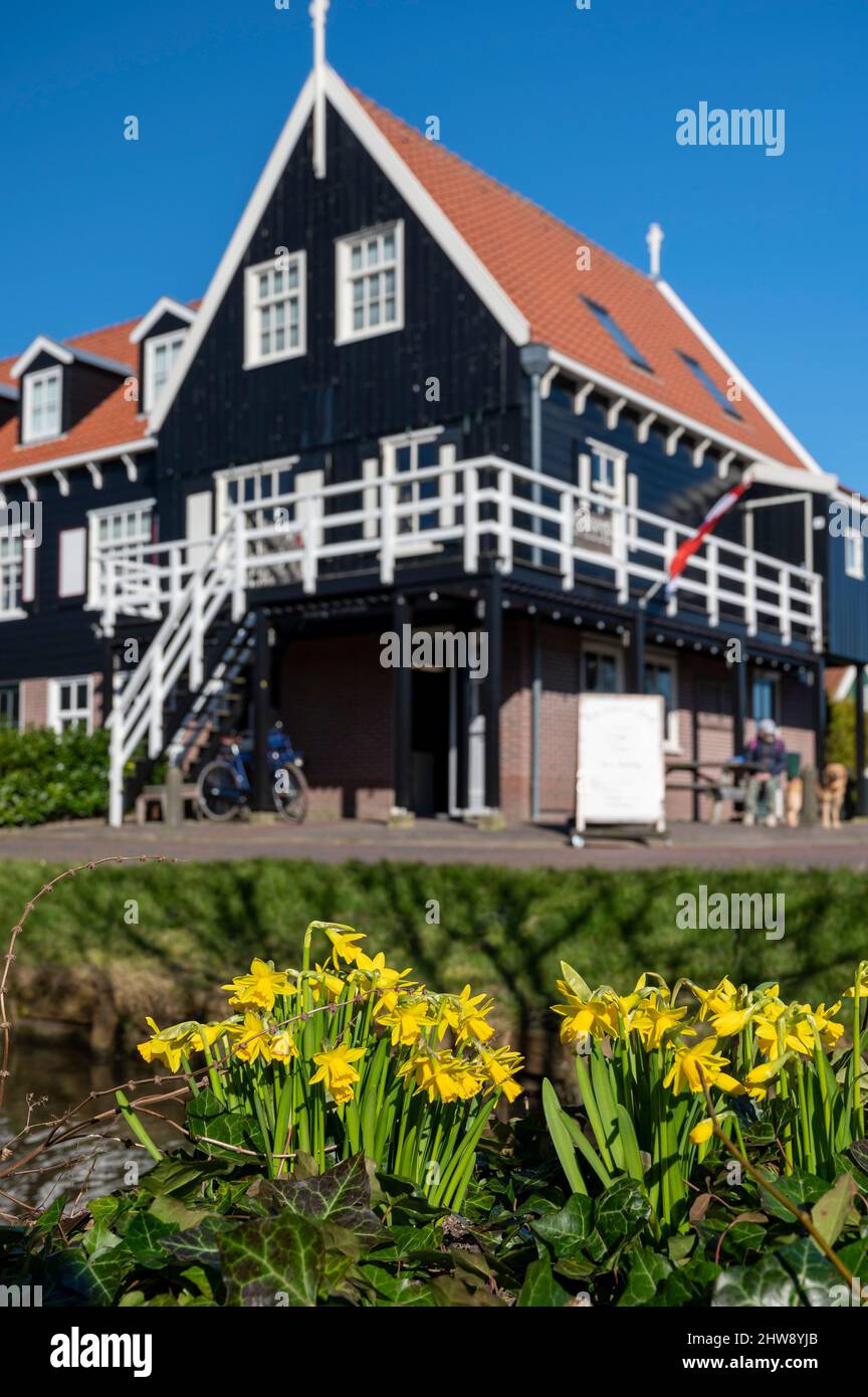 Walking on sunny spring day in small Dutch town Marken with wooden ...