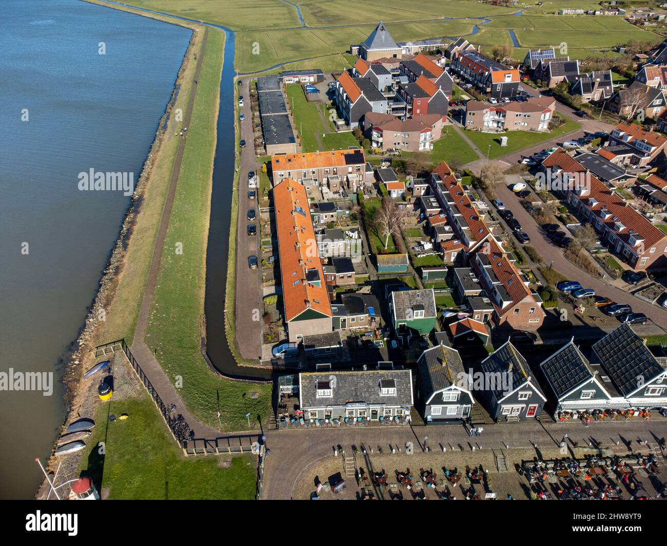 Aerial view on small Dutch town Marken with wooden houses located on ...