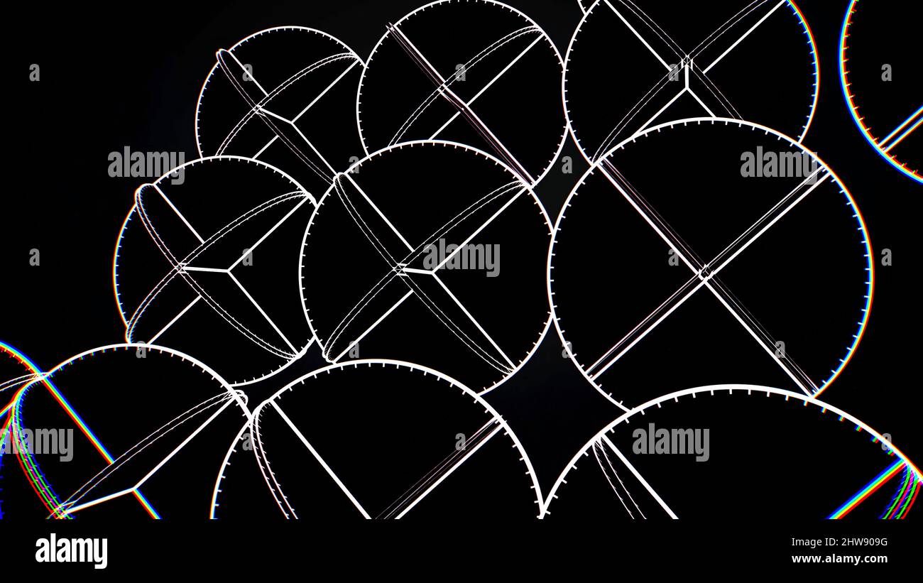Animation of intersecting white circles. Abstract animation of rotating complex geometric shapes ...