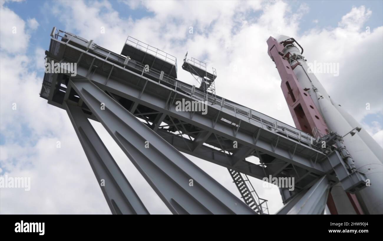 View from the bottom on the large white space rocket at the Moscow ...