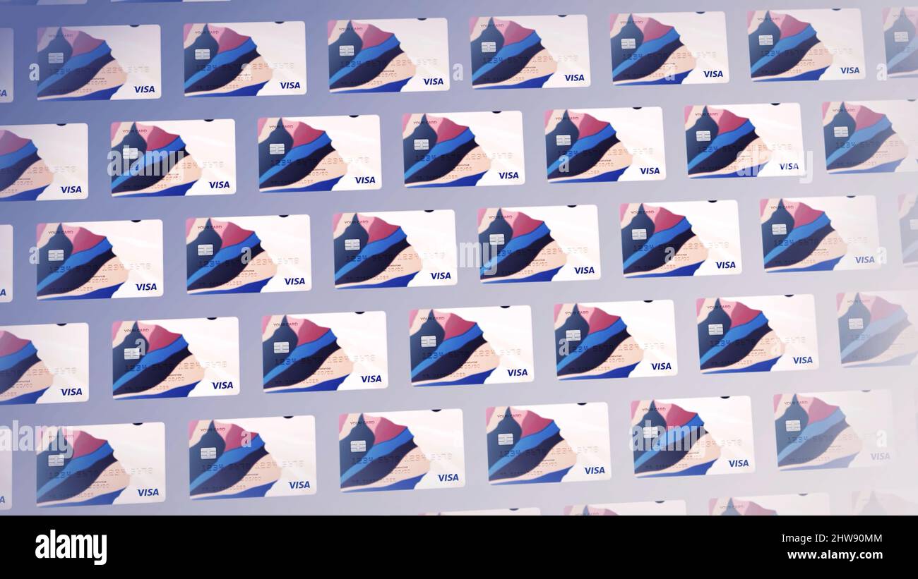Abstract stack of Visa credit and debit cards on colorful background ...