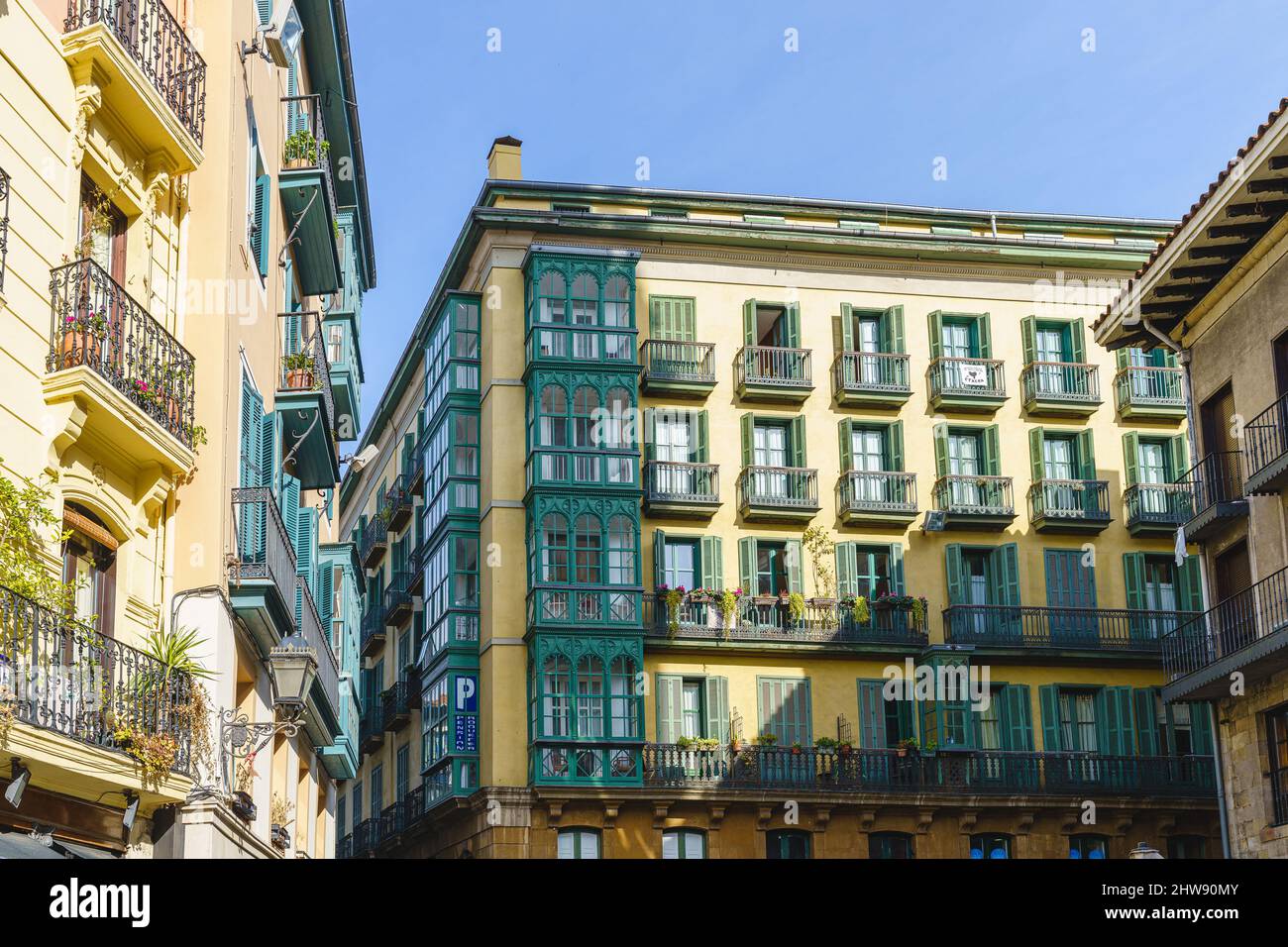 Bilbao, Spain, February 15, 2022. Buildings in the old town of the city ...