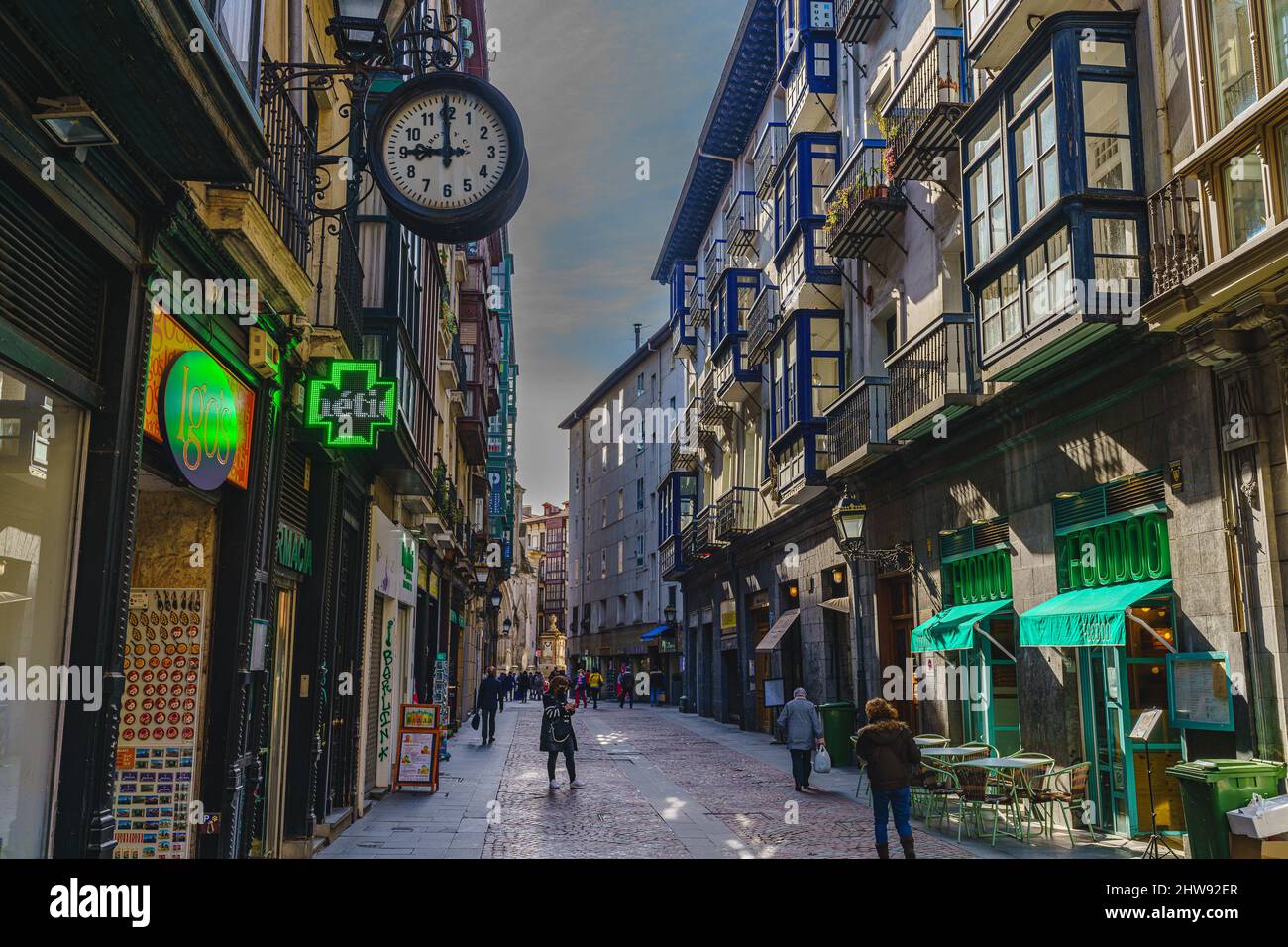 Bilbao, Spain, February 15, 2022. Buildings in the old town of the city ...