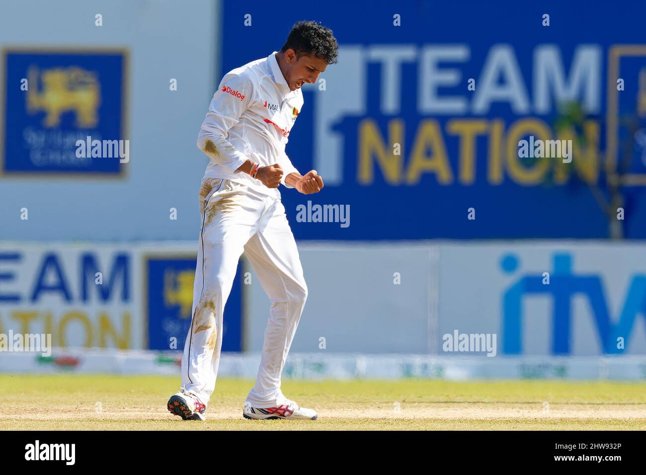 Praveen Jayawickrama of Sri Lanka Celebrates after taking a wicket ...
