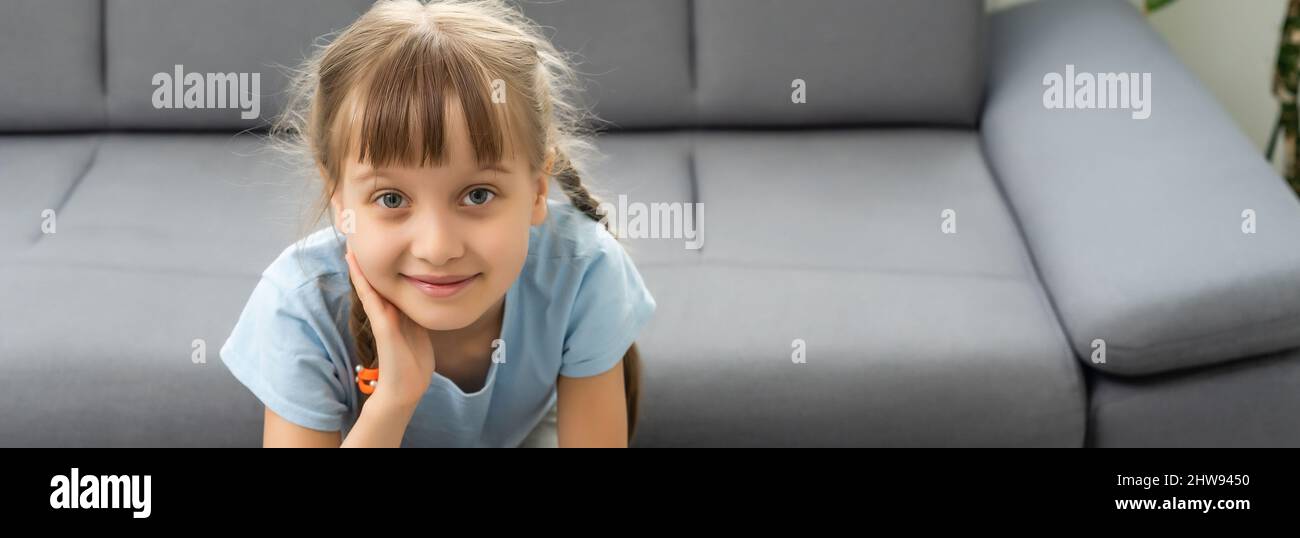 Homeschool little young girl student learning virtual internet online ...