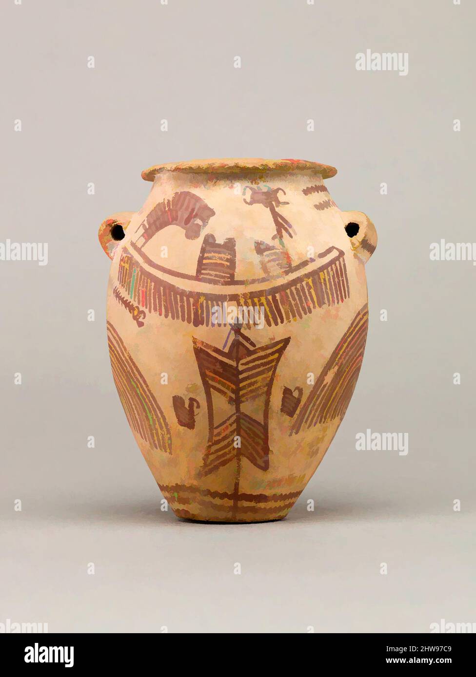 Art inspired by Decorated ware jar depicting boats and plants ...