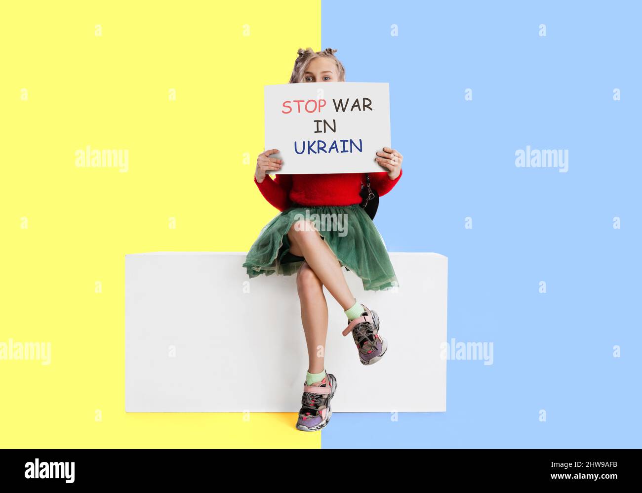 Conceptual collage with teen girl showing Stop war poster isolated over ...