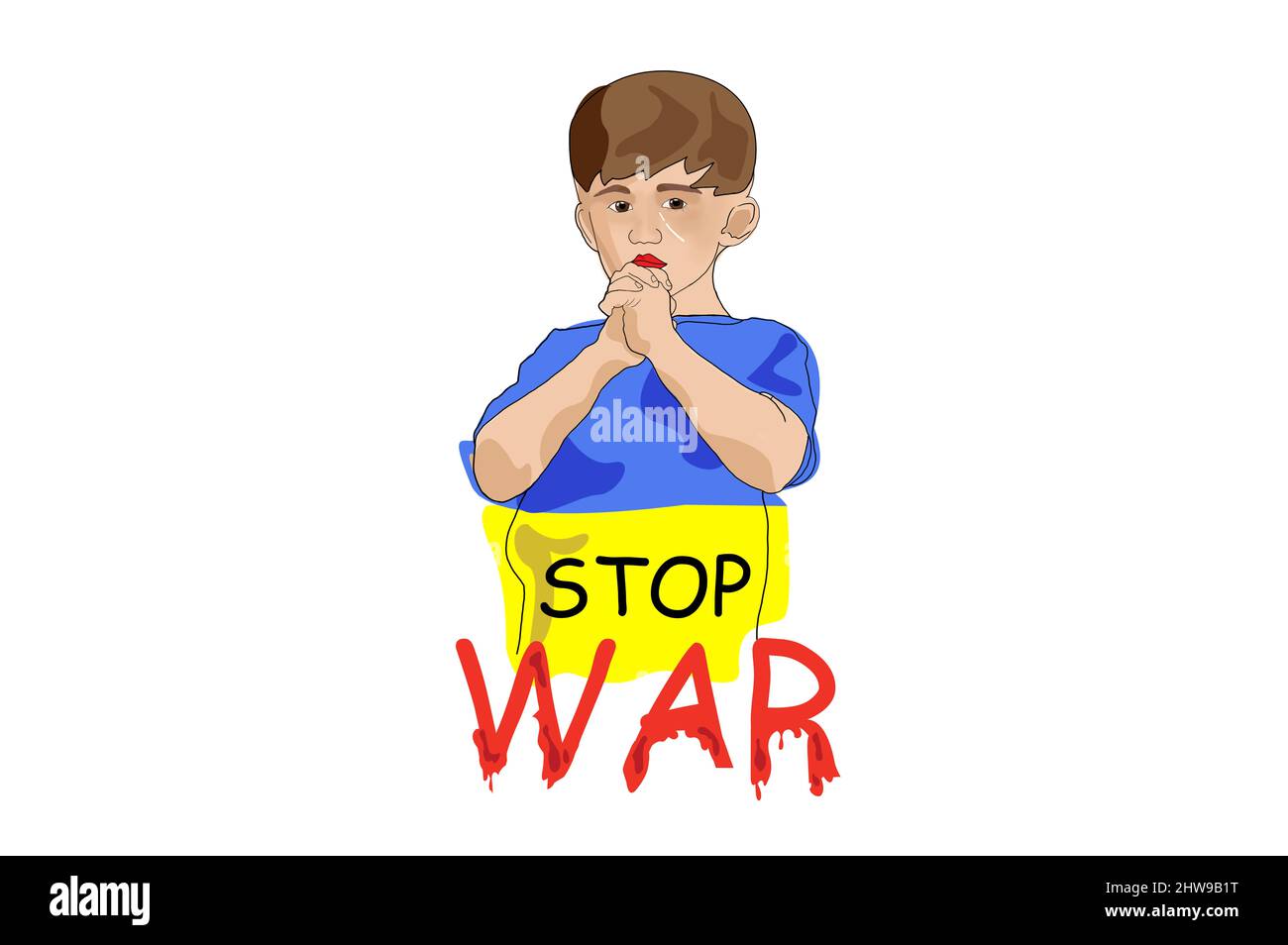 Conceptual drawing with little boy, child saying to stop war in Ukraine ...