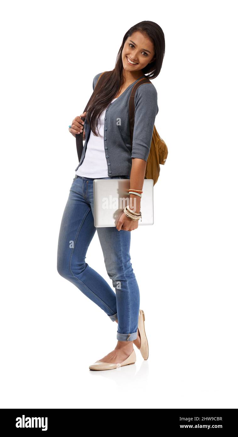 Ready for the lecture hall. A college student with a backpack and a ...