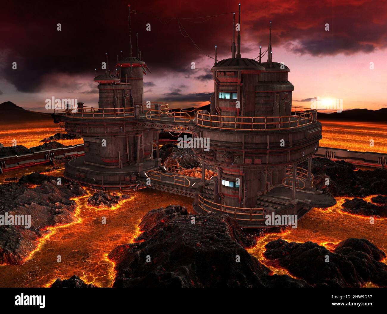 3d render of a magnificent view of volcano station among volcanic ...