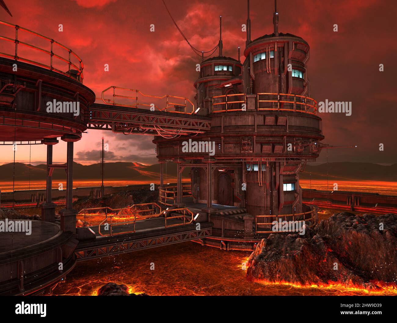 3d render of a magnificent view of volcano station among volcanic ...