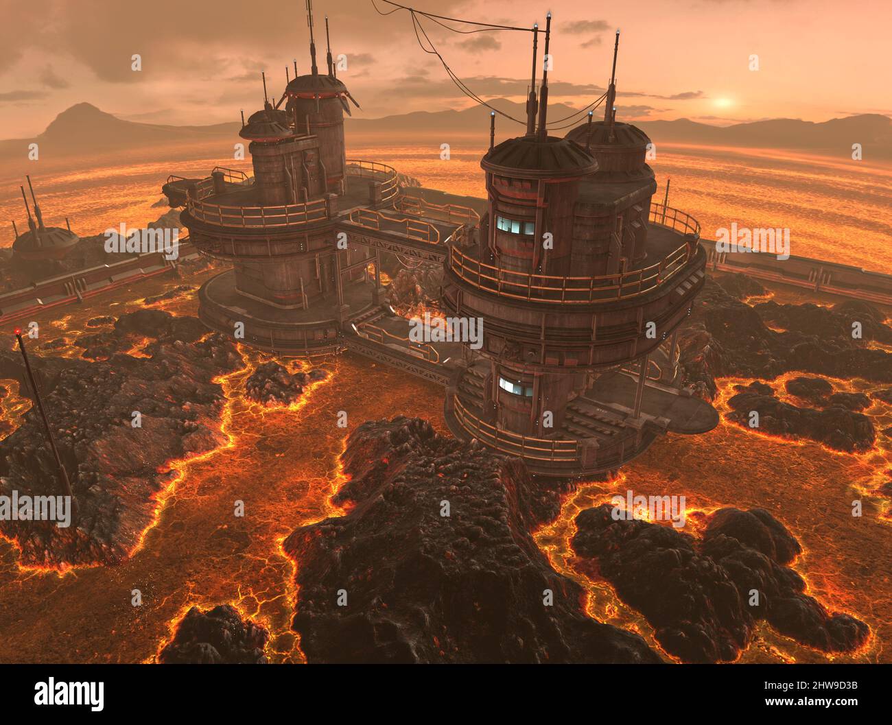 3d render of a magnificent view of volcano station among volcanic ...