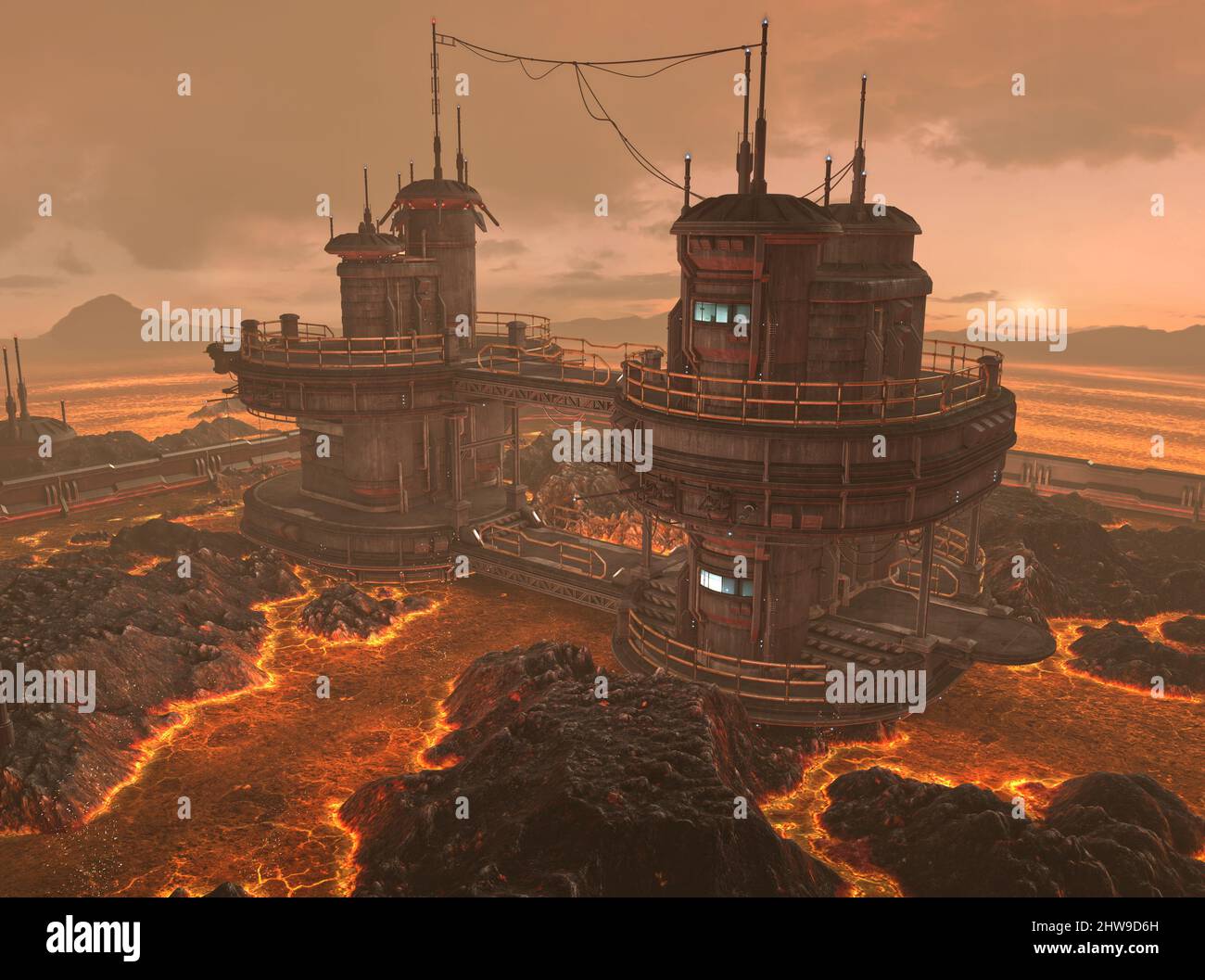 3d render of a magnificent view of volcano station among volcanic ...