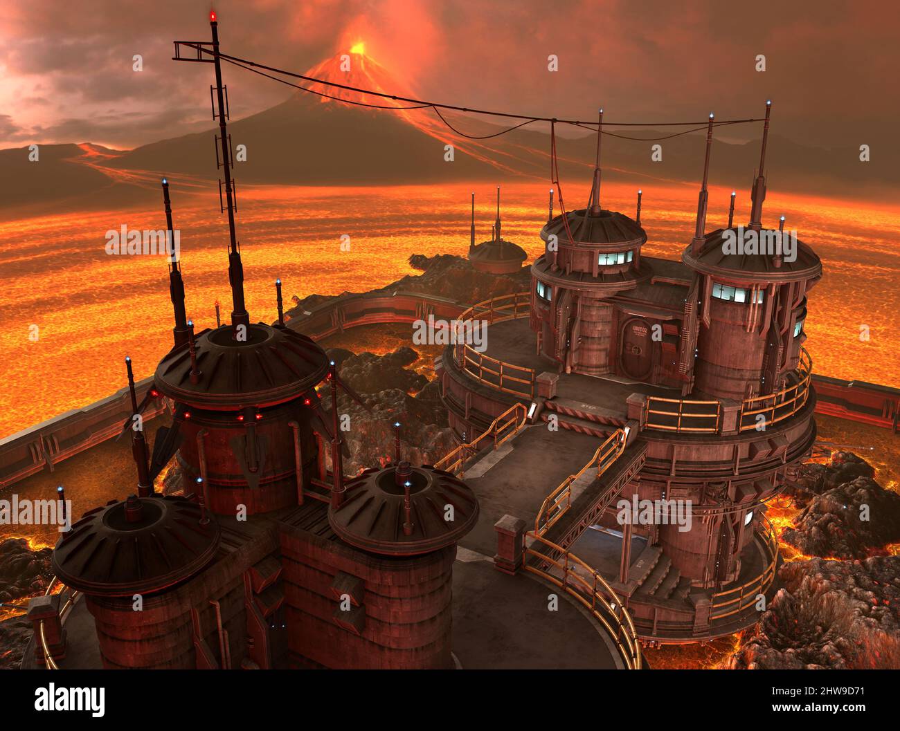 3d render of a magnificent view of volcano station among volcanic ...