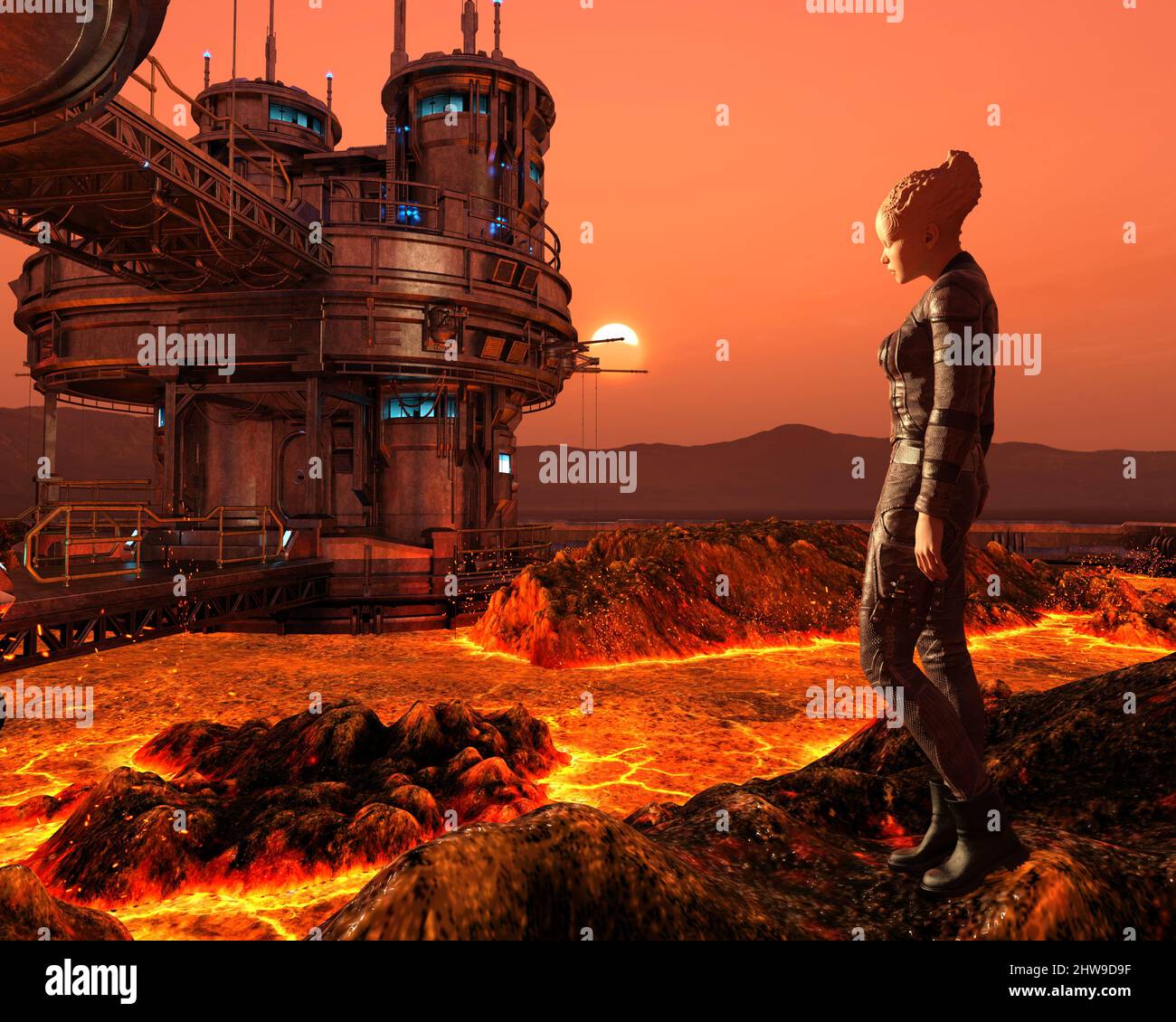 3d render of a magnificent view of volcano station among volcanic ...