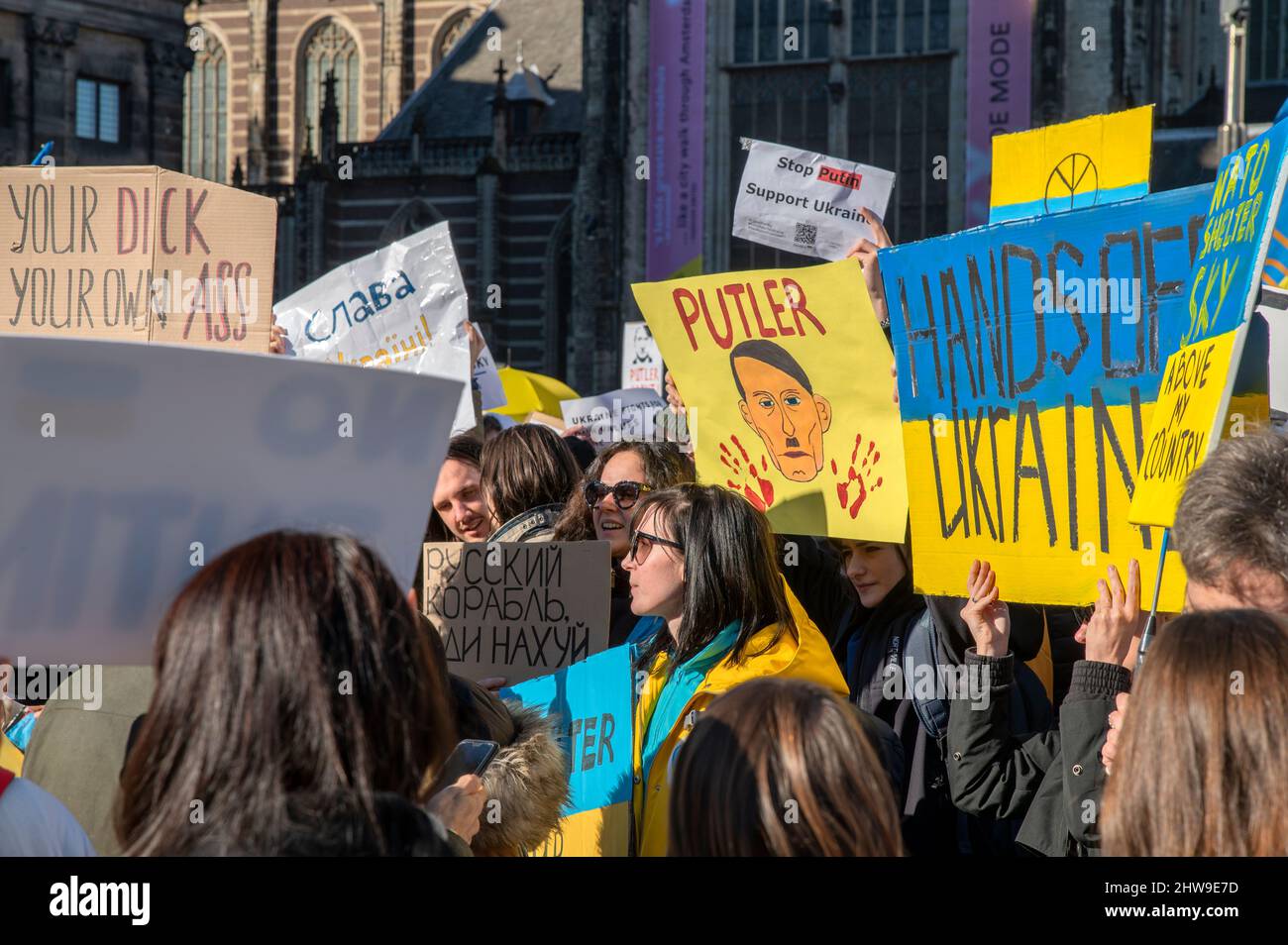 Demonstrating Together Blue And Yellow Billboards At The Protest ...