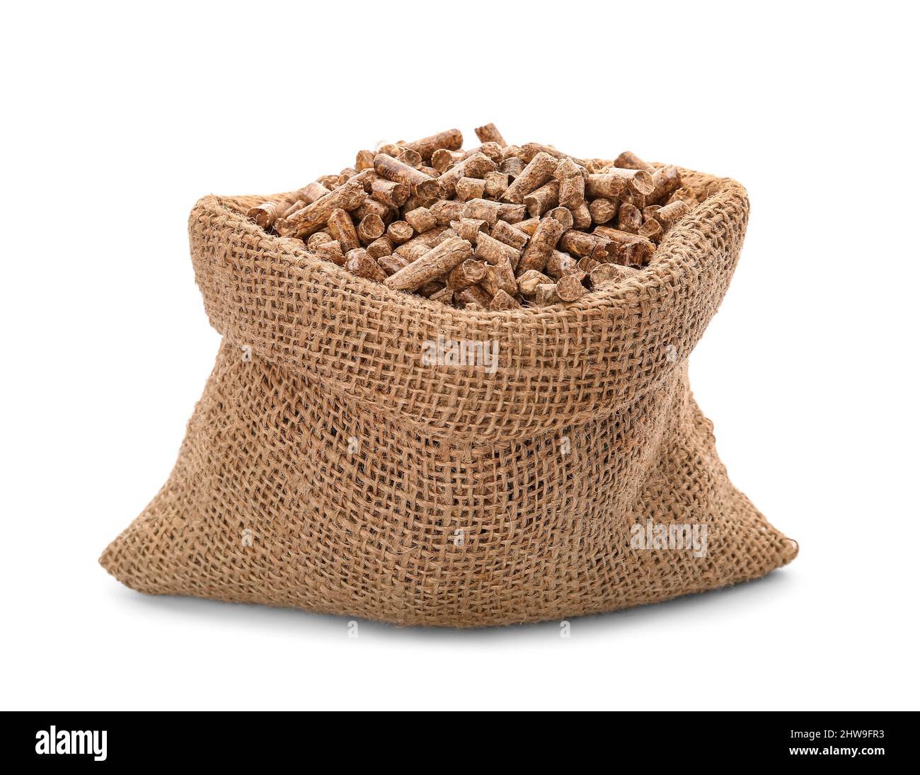 Sack with wood pellets on white background Stock Photo - Alamy