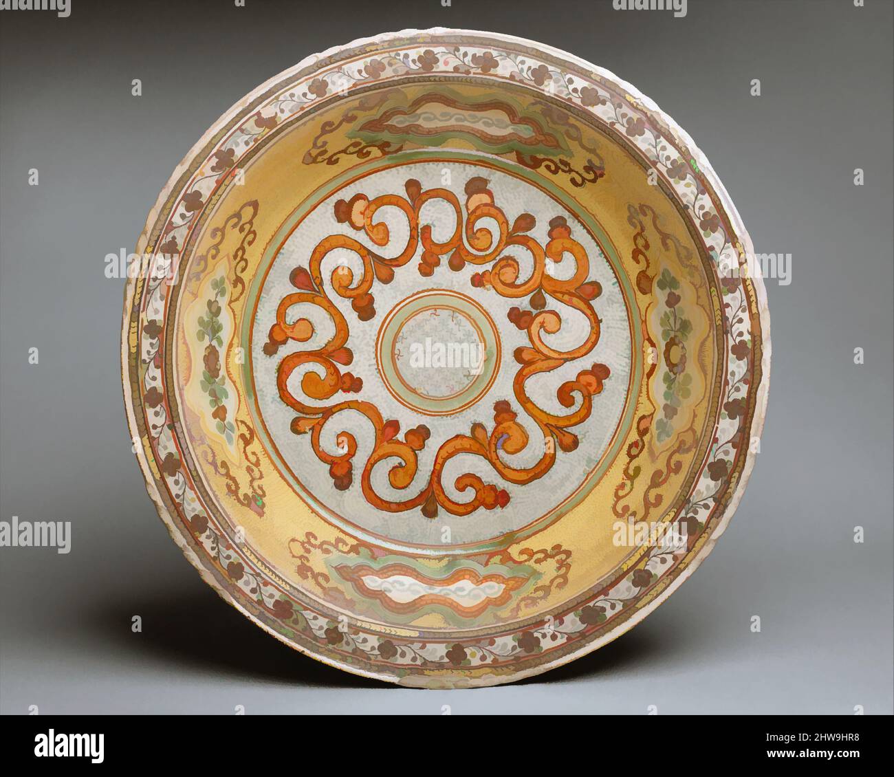 Art inspired by basin with polychrome scroll motif on strippled ground ...