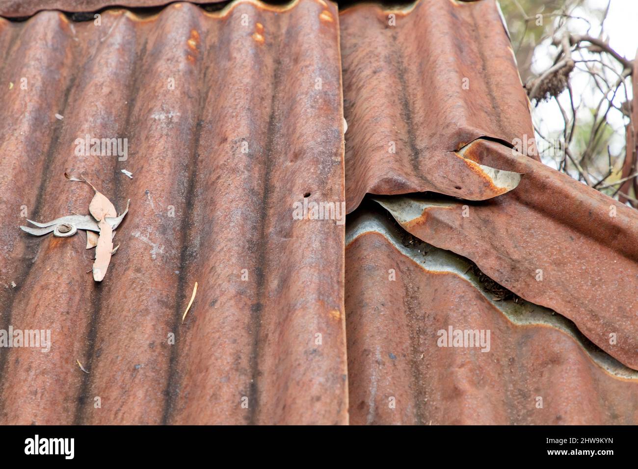 Photograph of an old brown rusty and damaged roof on an explorers hut ...