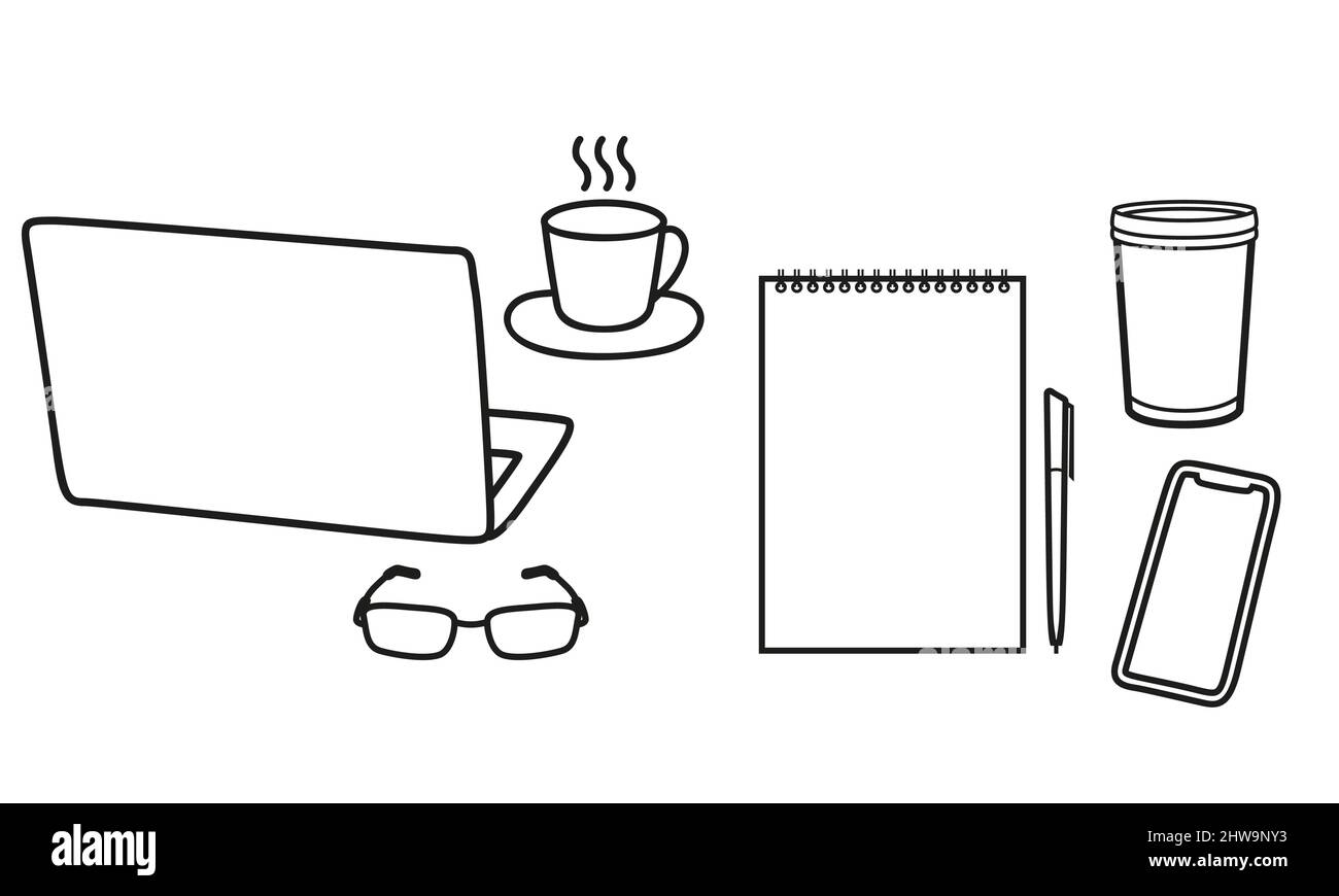 Workspace decorative icons set laptop smartphone notepad pen coffee ...