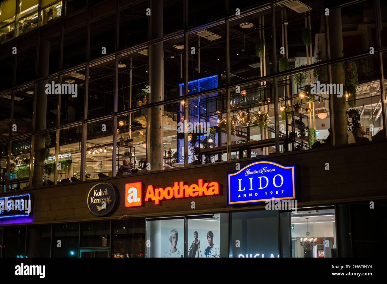Lido restaurant, Apotheka and Komeet Cafe neon signs on Solaris centre ...