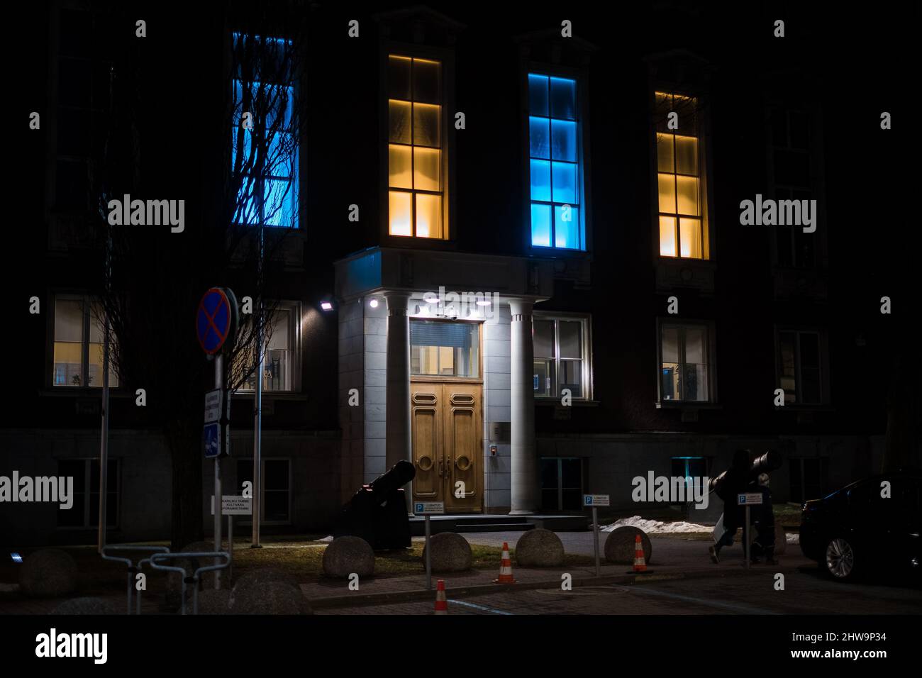 Estonian Ministry of Defence building at night in Ukrainian flag ...