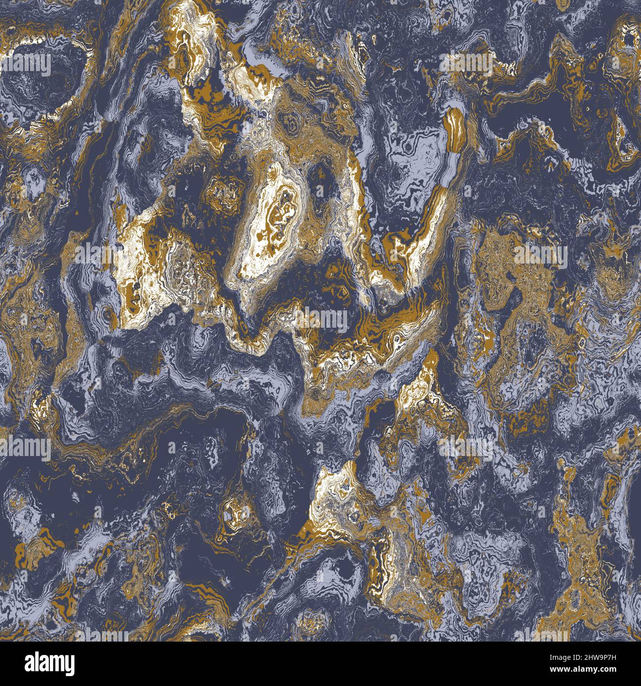 Navy blue yellow marbled seamless texture. Irregular color ink blotched ...