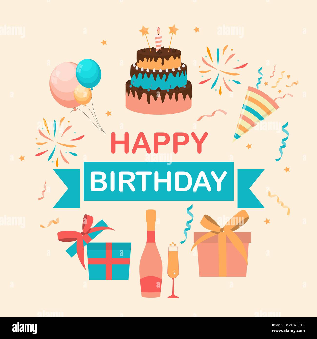 Cute Happy Birthday Background with Gift Box, Cake and Candles and ...